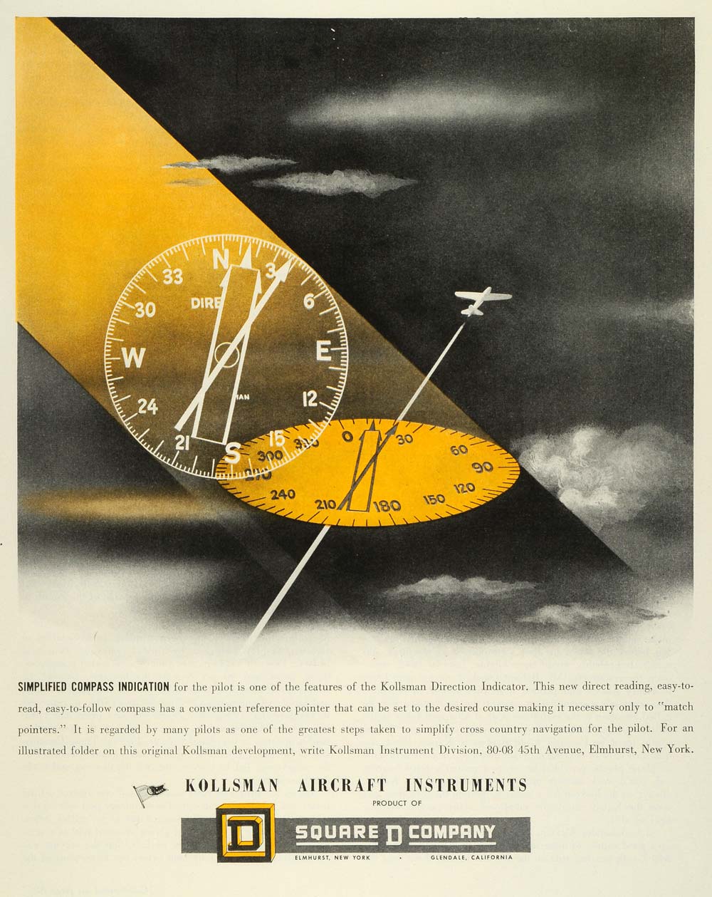 1944 Ad Kollsman Aircraft Instruments Direction Indicator Compass Square D Co Ebay