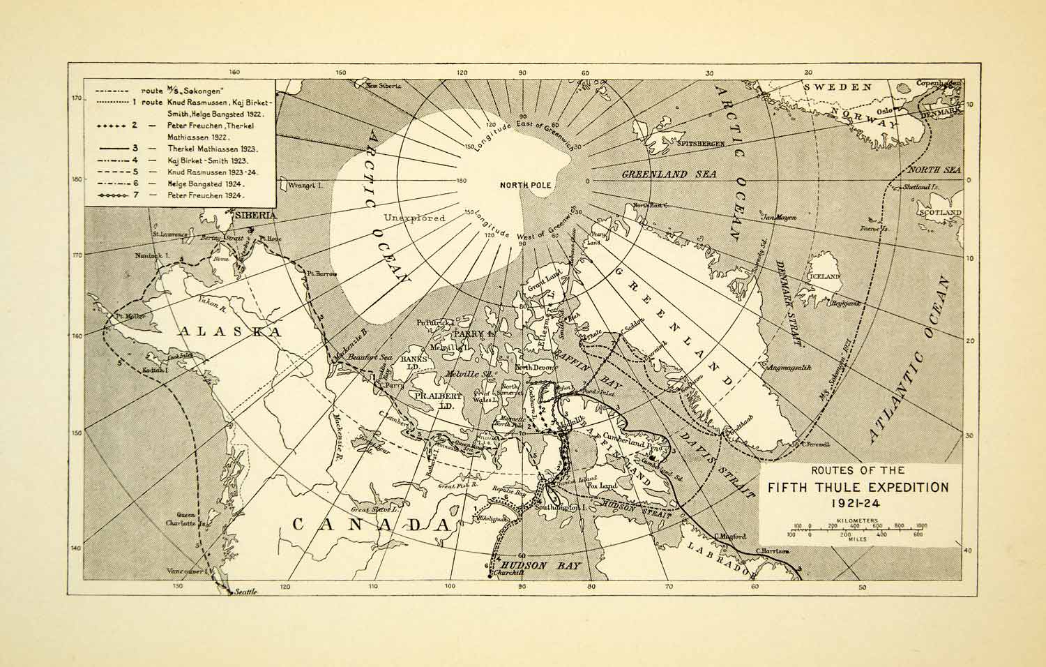 1927 Print Map Fifth Thule Expedition Knud Rasmussen Route Arctic North Pole | eBay