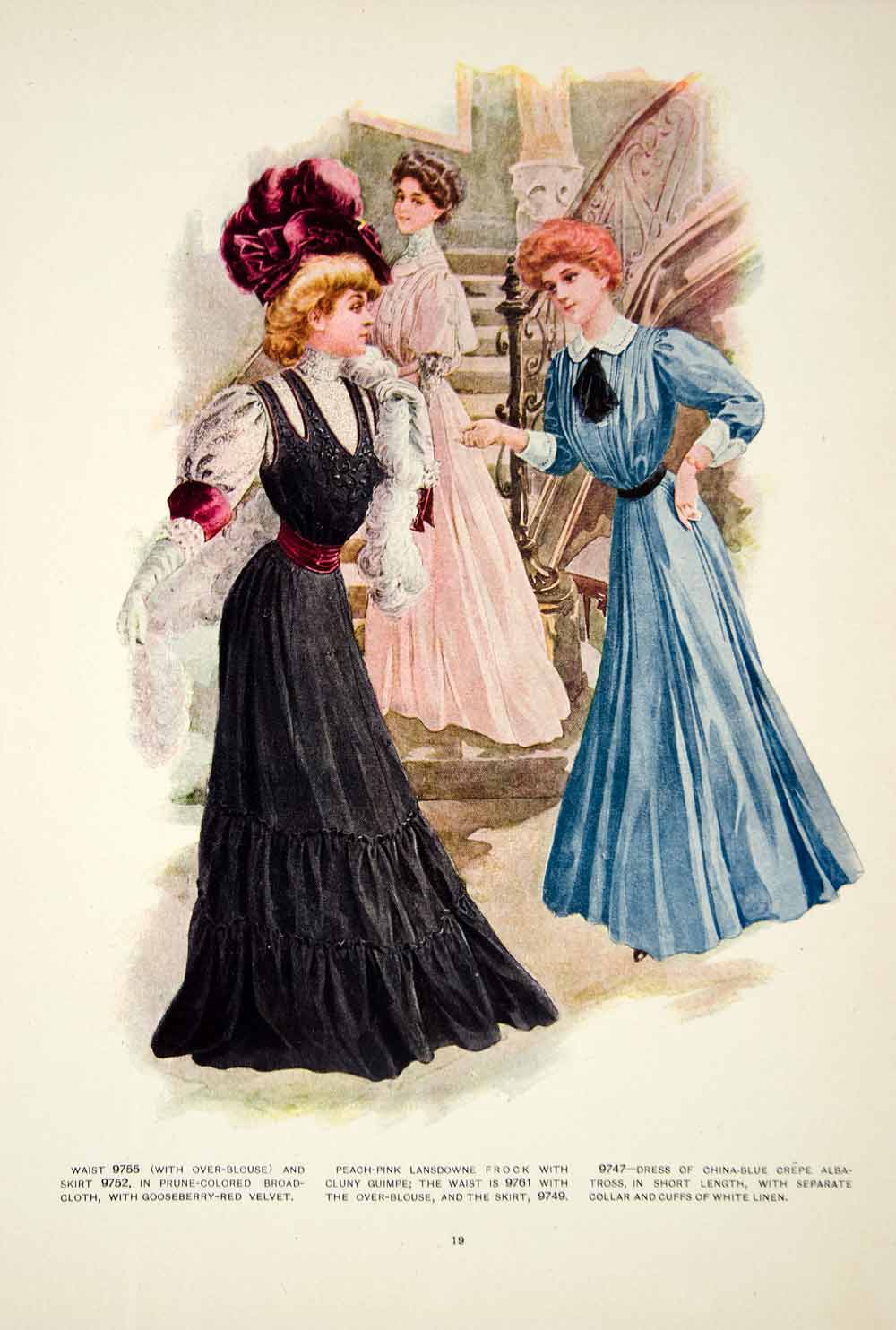 1907 Color Print Clothing Fashion Costume Clothing Edwardian Staircase